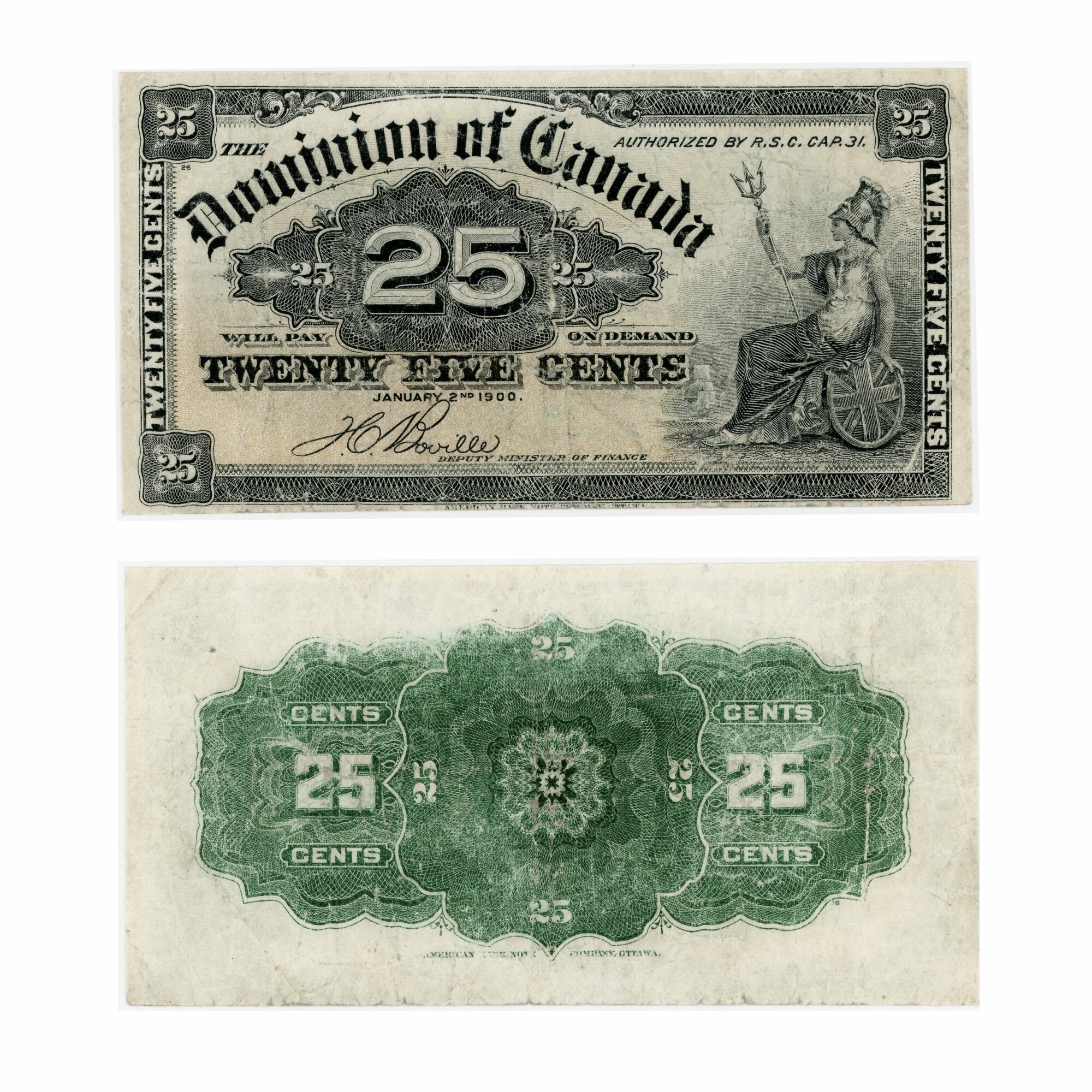 Банкнота Канада 25 центов TWENTY FINE CENTS 1900 год (F-VG) Pick 9