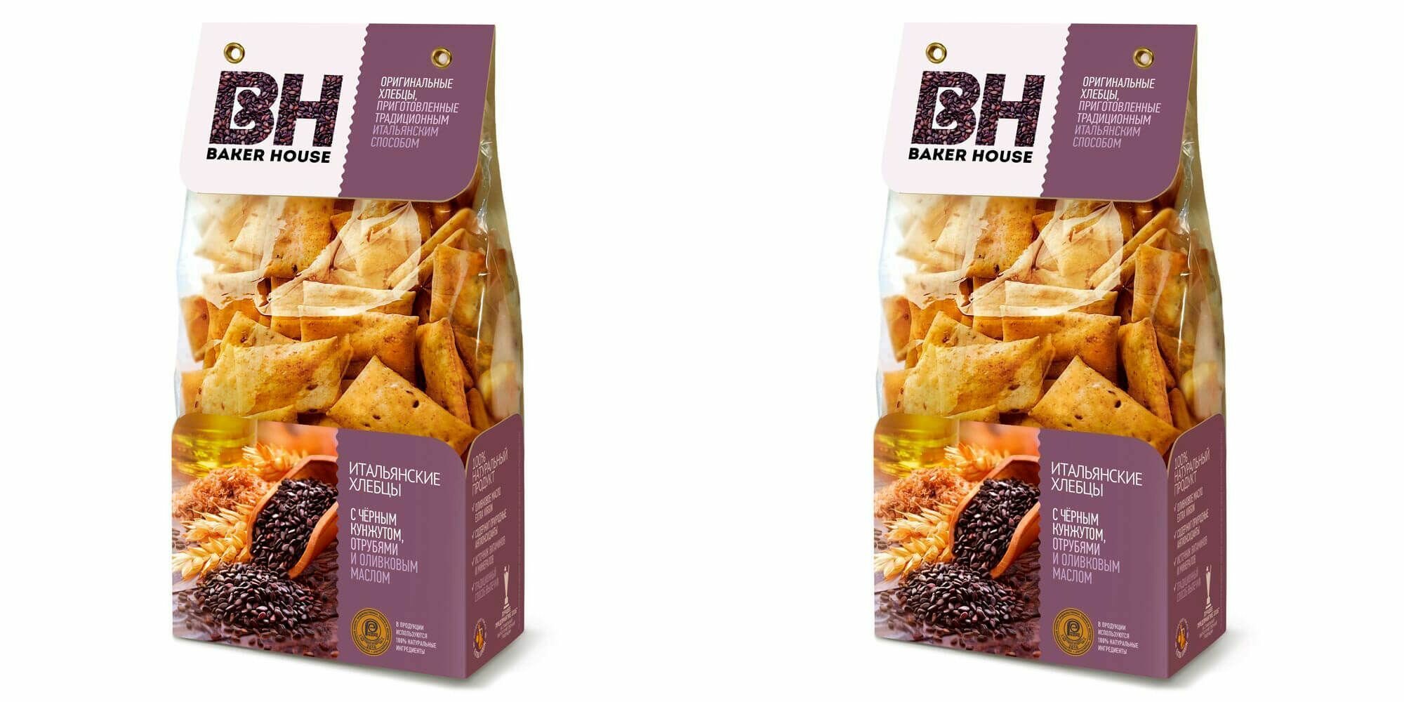 Хлебцы Baker House с черным кунжутом, отрубями и оливковым маслом , 2 упаковки по 250г.