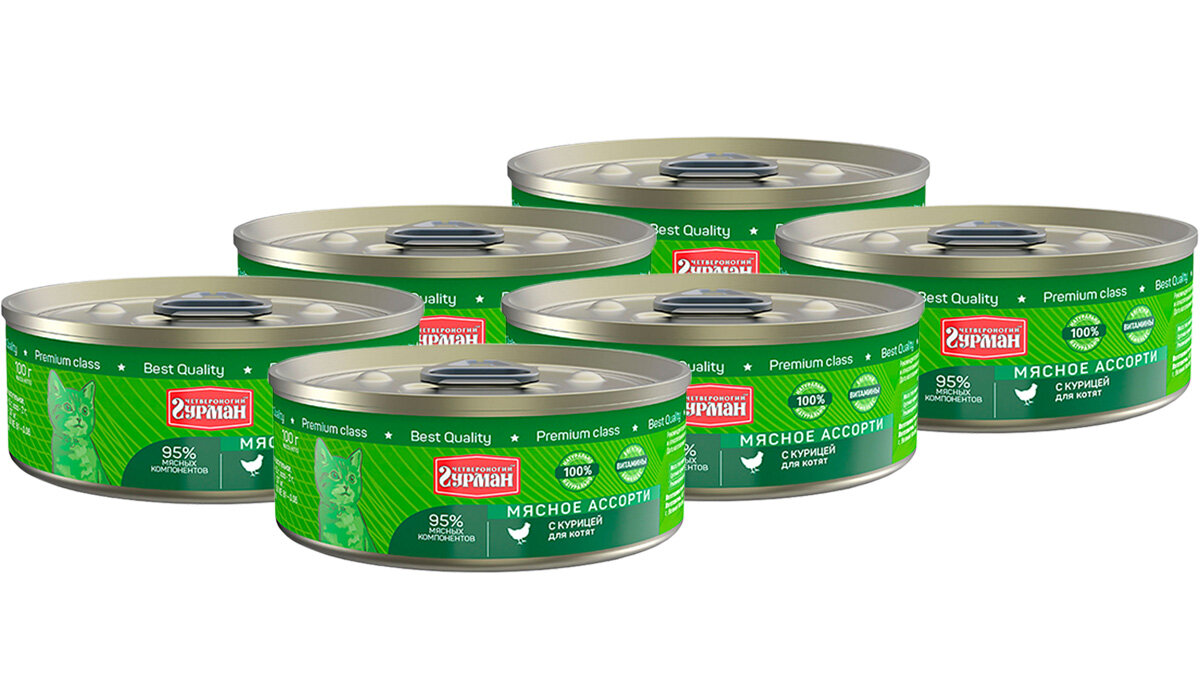 Корм влажный Четвероногий Гурман Мясное Ассорти для котят, курица, 100 г х 6 шт