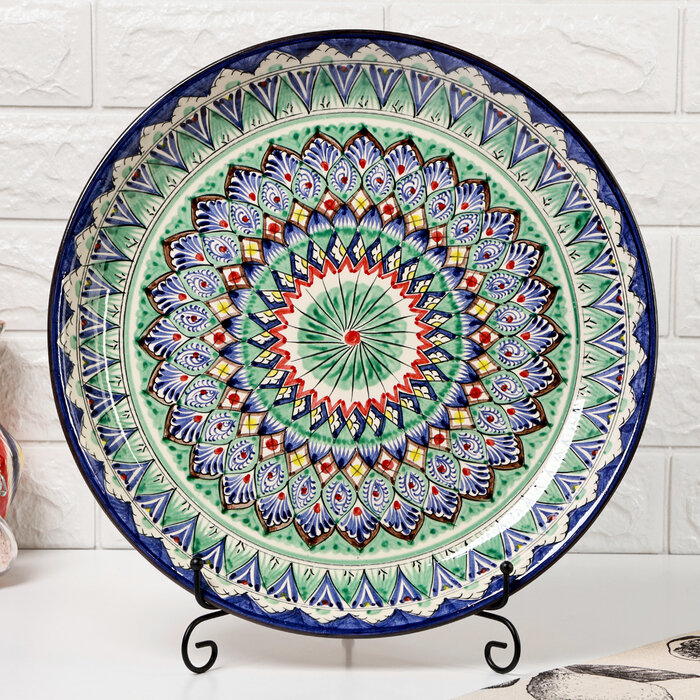 Ляган узбекский Риштанская керамика «Узоры», для плова, d=36 см, синий