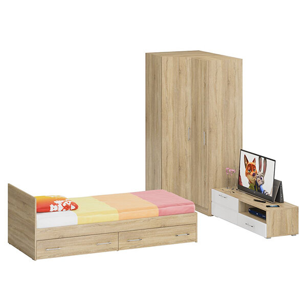Спальня Стандарт 4-0900Я, цвет дуб сонома/фасады ТВ тумбы МДФ белый глянец, сп. м. 900х2000 мм, без матраса, основание есть