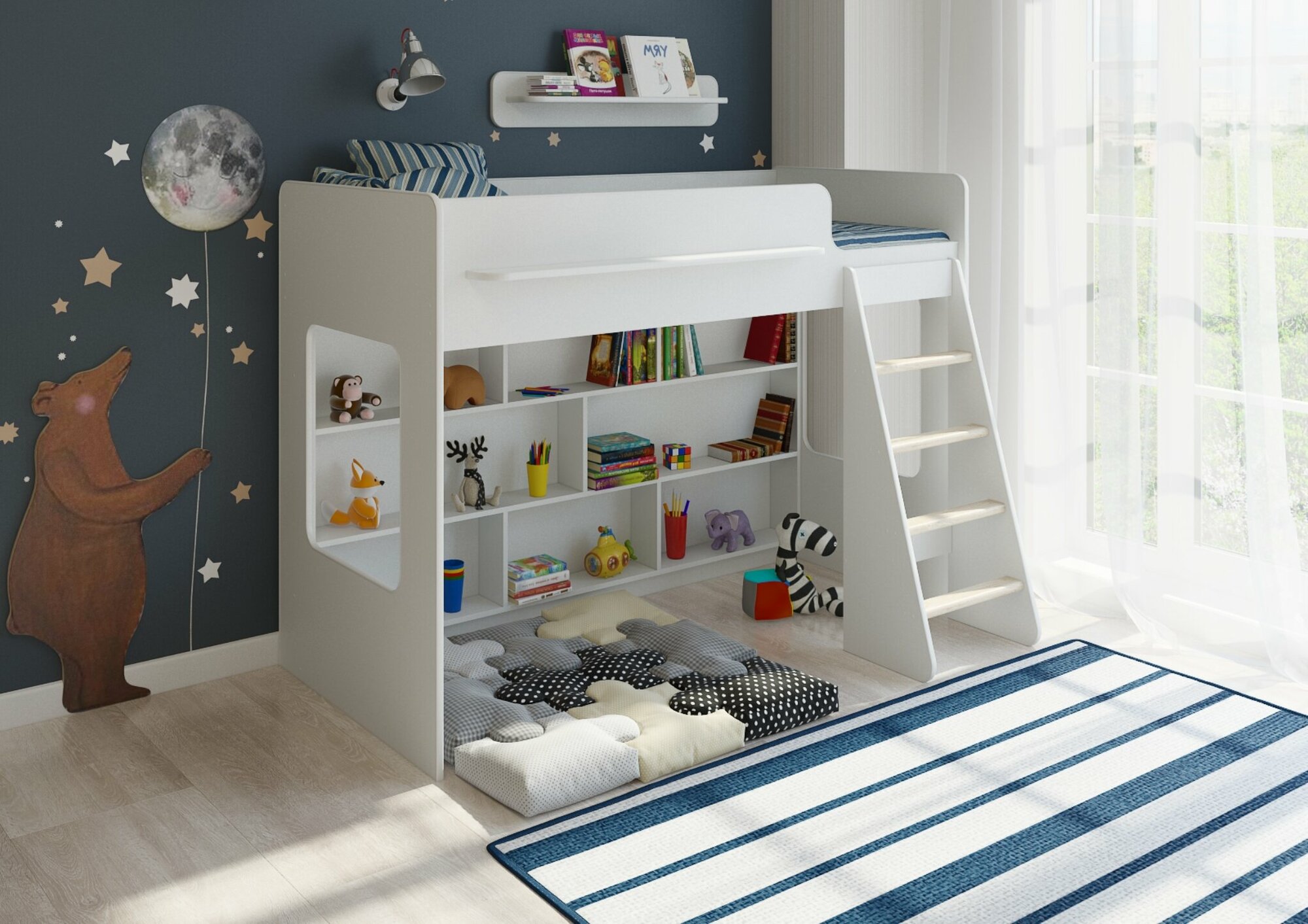 Детская кровать RIDGIMMI 26.1, кровать-чердак с рабочей зоной, 180 × 80, белый