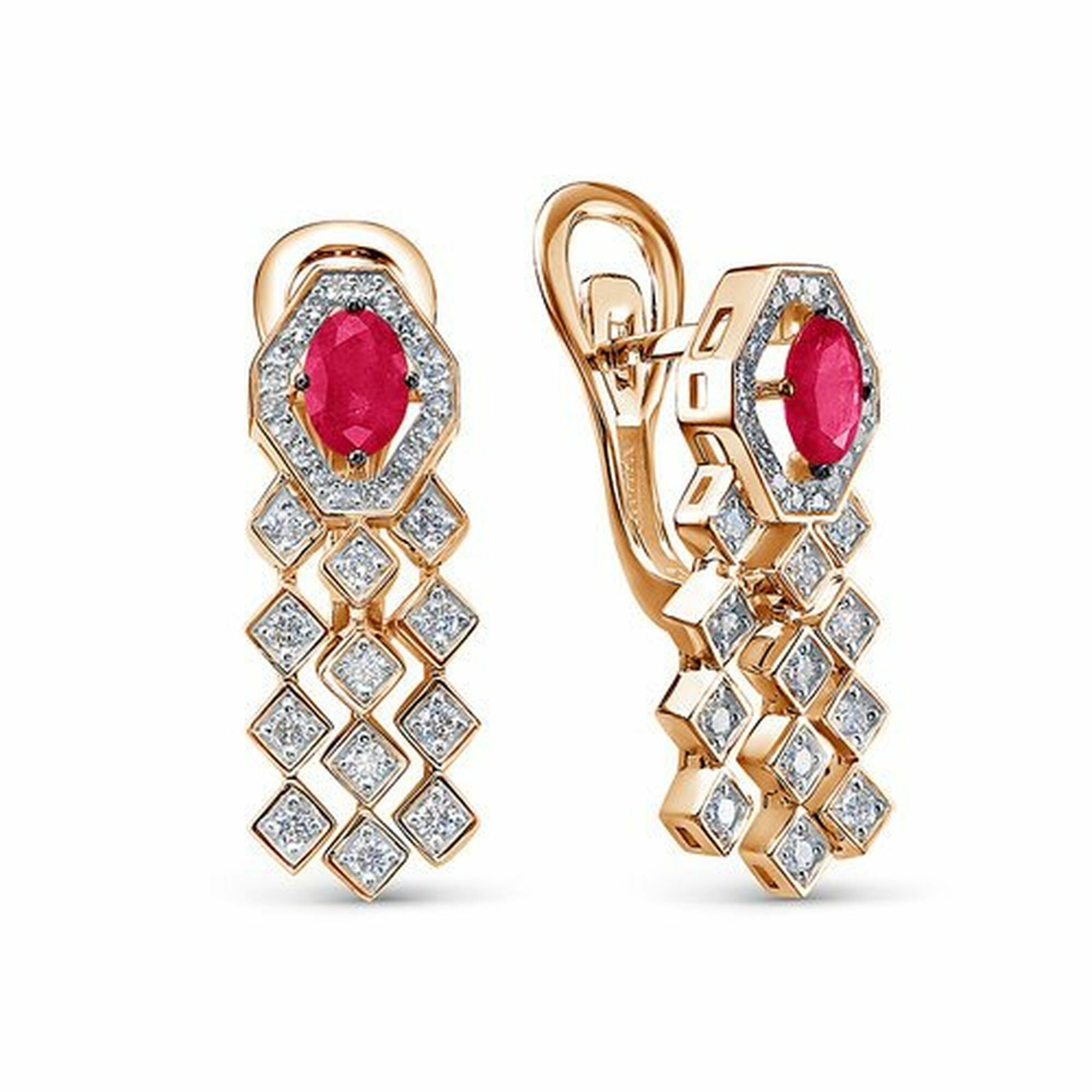 Серьги, красное золото, 585 проба, бриллиант, рубин