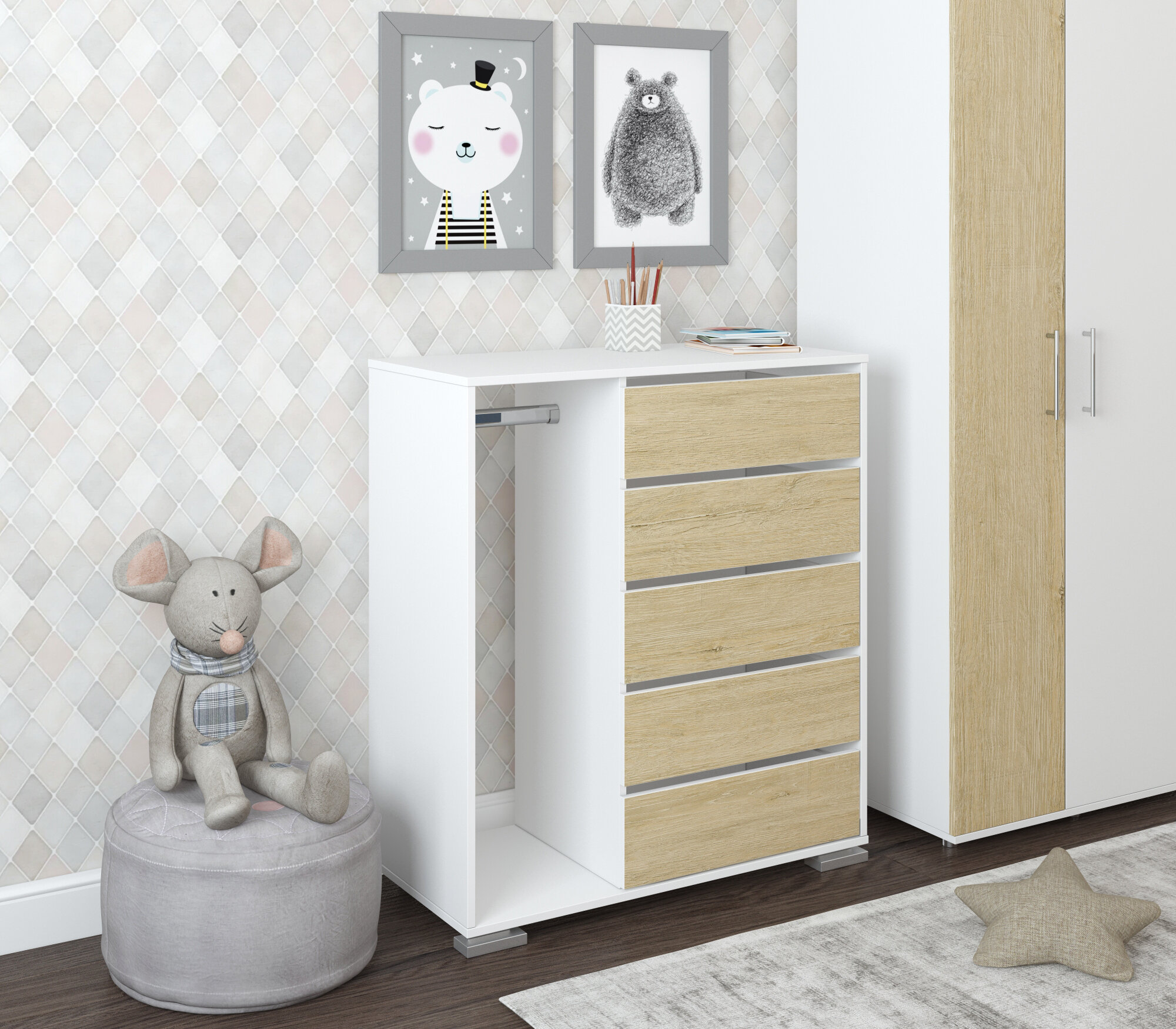 Шкаф, комод, шкаф-комод с ящиками, со штангой Есэндвич Лаворо, 90x43х102 см, правый (Белый/Пикард)