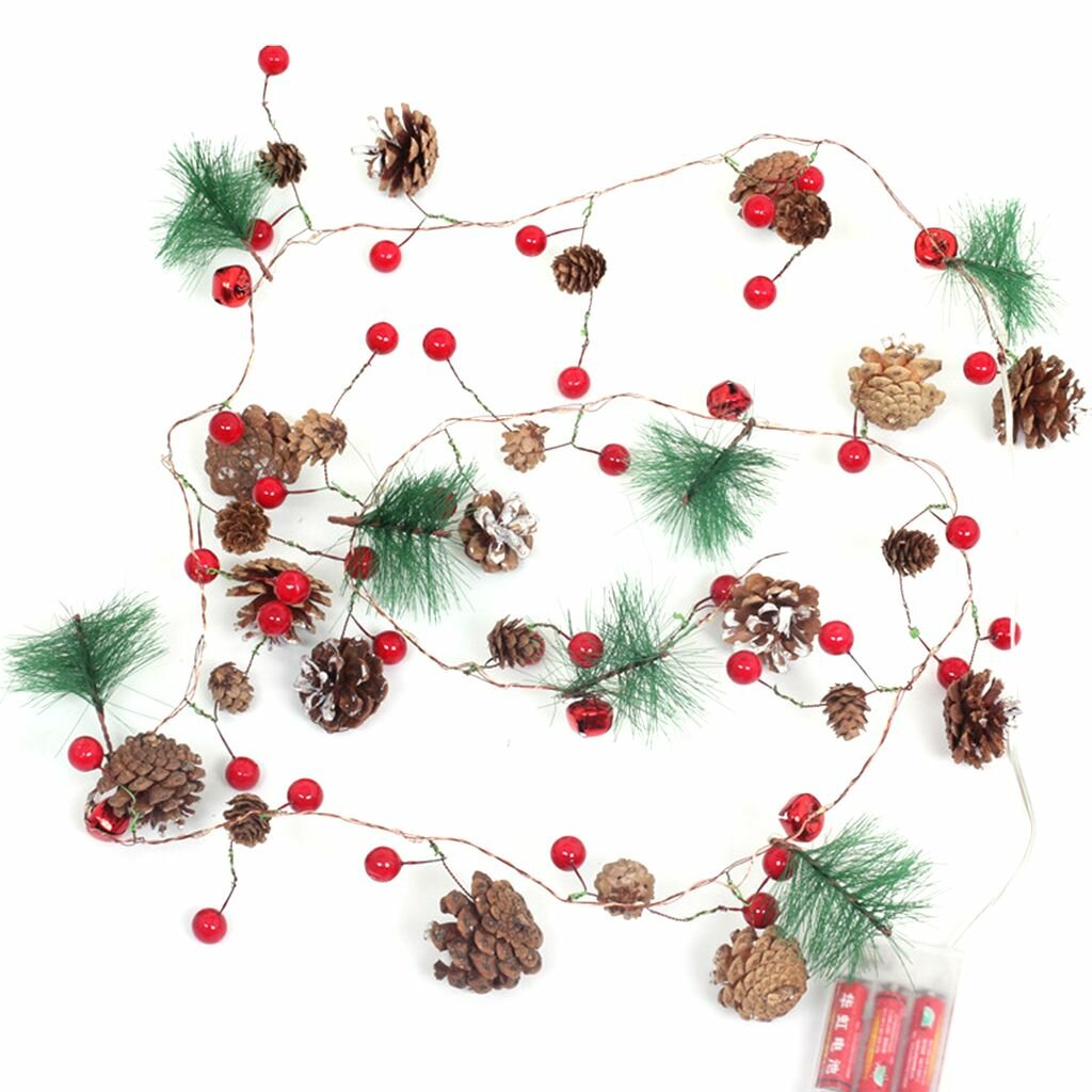 Светодиодные красные фруктовые сосновые шишки, иглы, рождественские гирлянды из ротанга, 20 лампочек