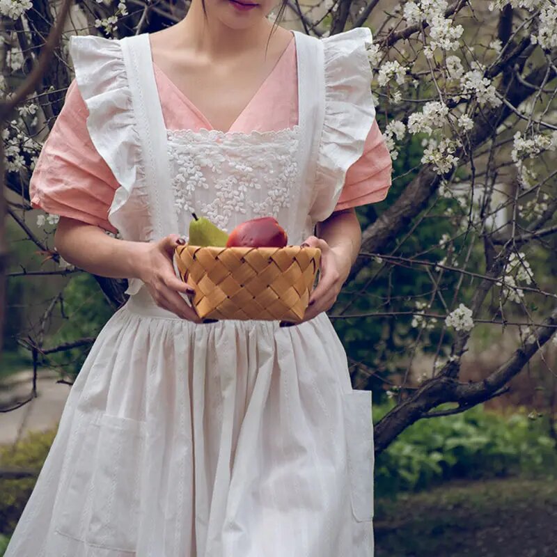 Белый Кружевной Фартук с карманом, Женский пасторальный художественный фартук, фартук для рисования, флористов, красивый кухонный комбинезон для выпечки, бытовой инструмент для уборки