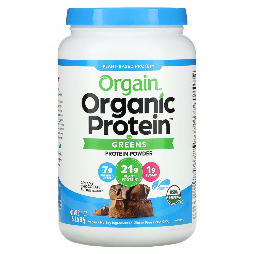 Orgain, Organic Protein™, протеиновый порошок с зеленью, на растительной основе, помадка и шоколадная помадка, 882 г (1,94 фунта)