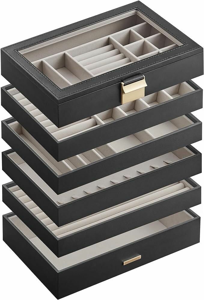 Шкатулка для драгоценностей SONGMICS - 6 ярусов, штабелируемая, со стеклянной крышкой, черный, JBC195B01