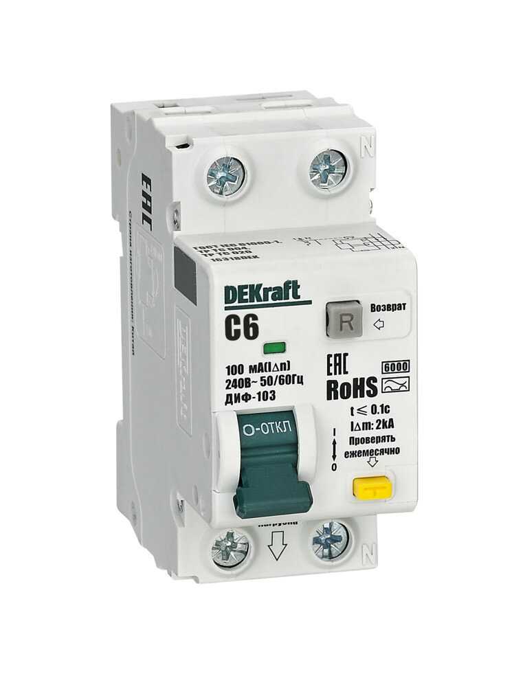 DEKraft Автоматические выключатели дифференциального тока 1P+N 6А 100мА AC х-ка C ДИФ-103 6кА нов, 16318DEK