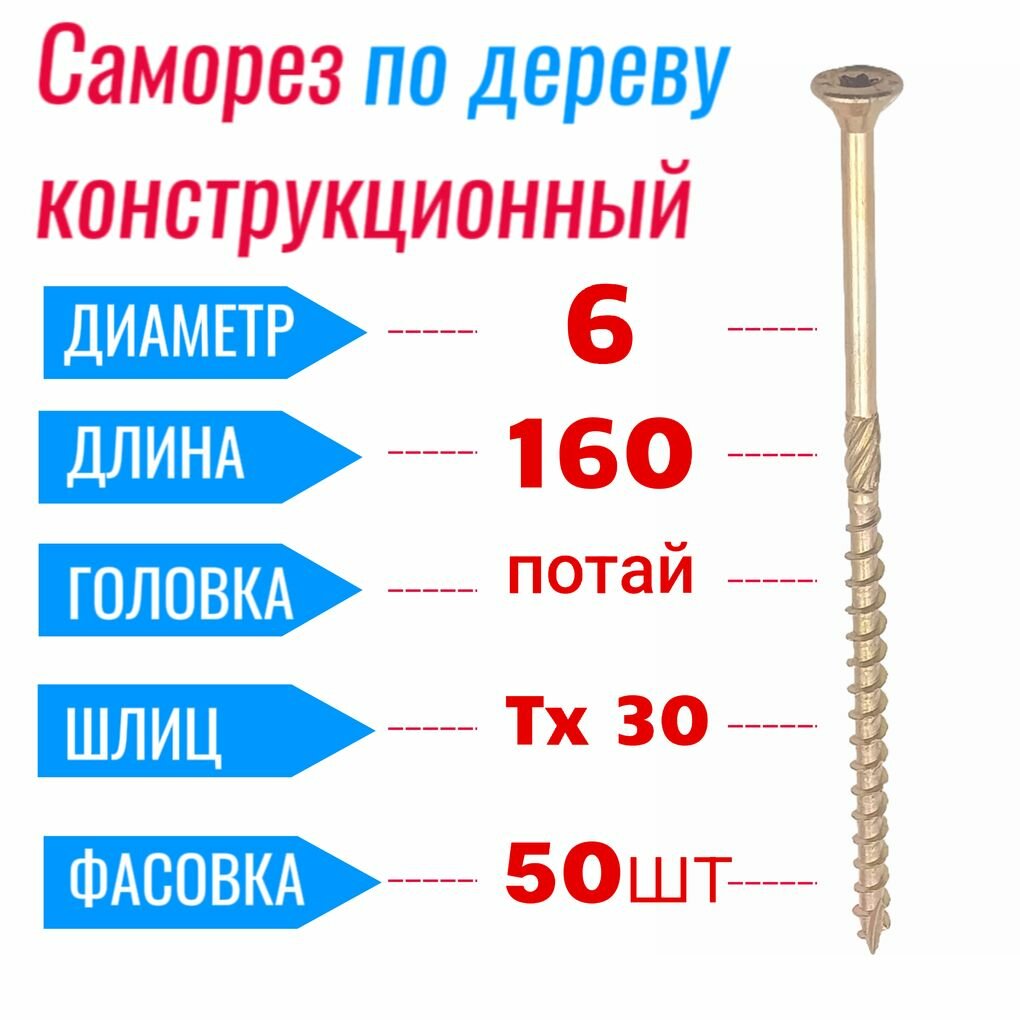 Саморез конструкционный по дереву 6 х 160 потай Torx 30 (50 шт)