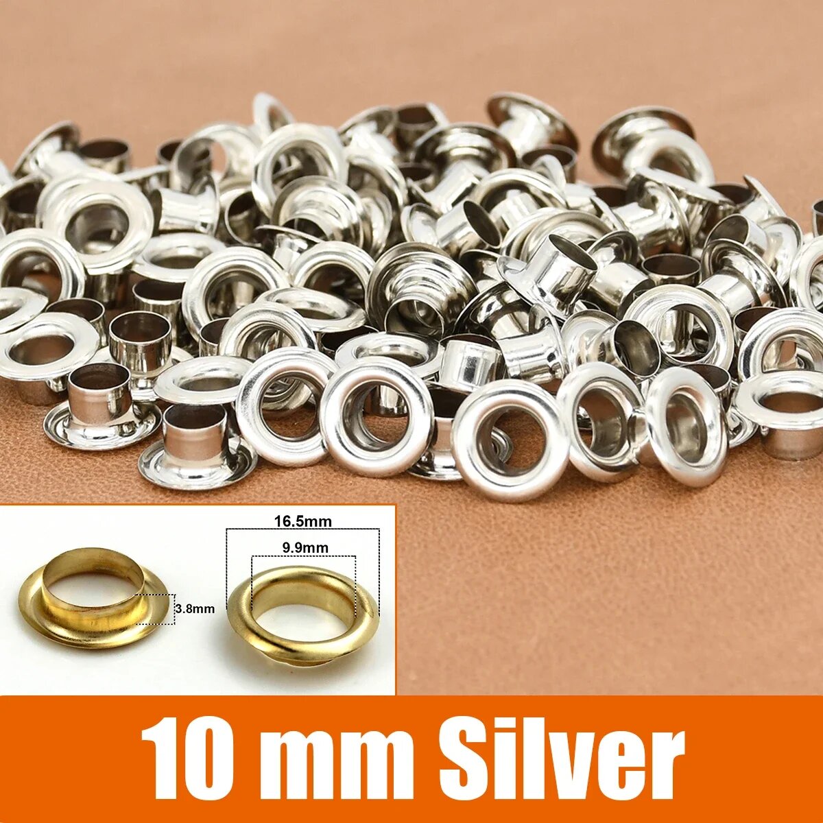 Латунные люверсы CLOXY 6/8/10/12 мм, 100 комплектов Серебряный, 10mm Silver