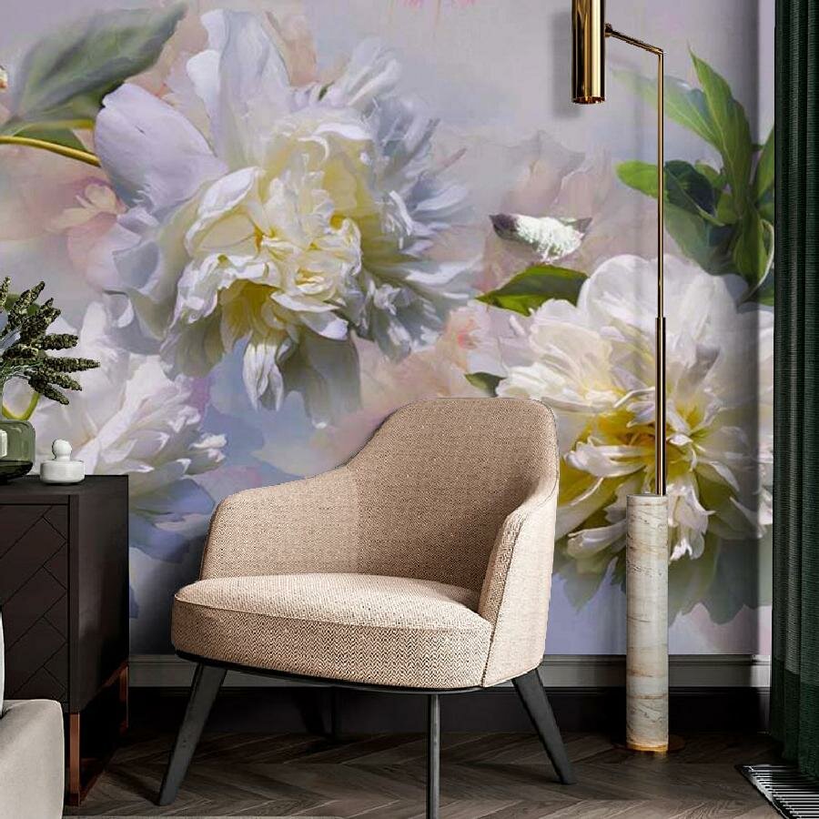 Фотообои Белые пионы 3д 7-608-Акция-Жемчуг 182 x 275 см (ВхШ) Бесшовные, флизелиновые, влагостойкие обои