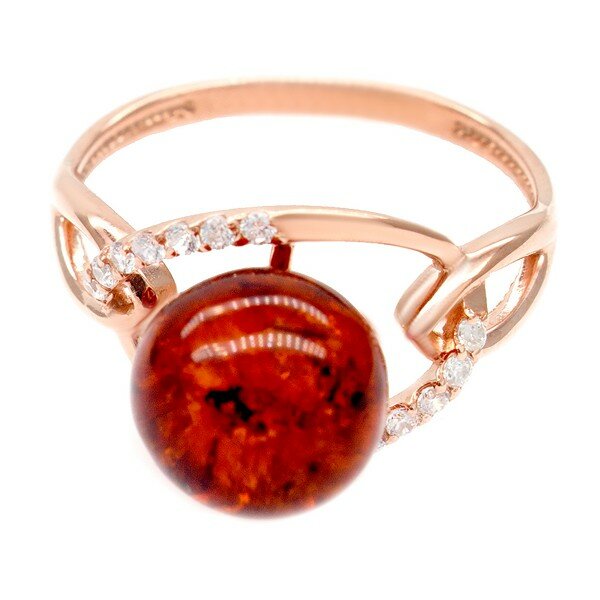 Кольцо, серебро, 925 проба, родирование, фианит, янтарь