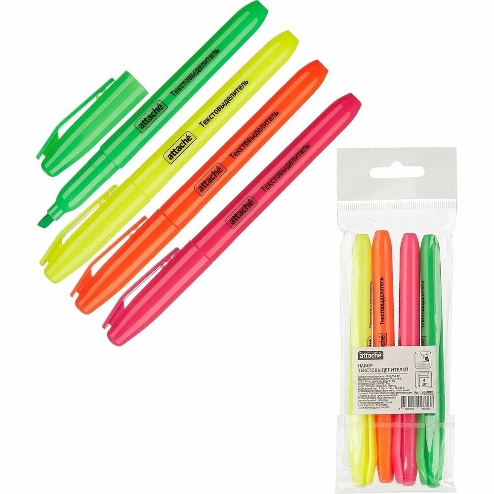 Маркер выделитель текста Attache 4 цвета, 1-3,9 мм