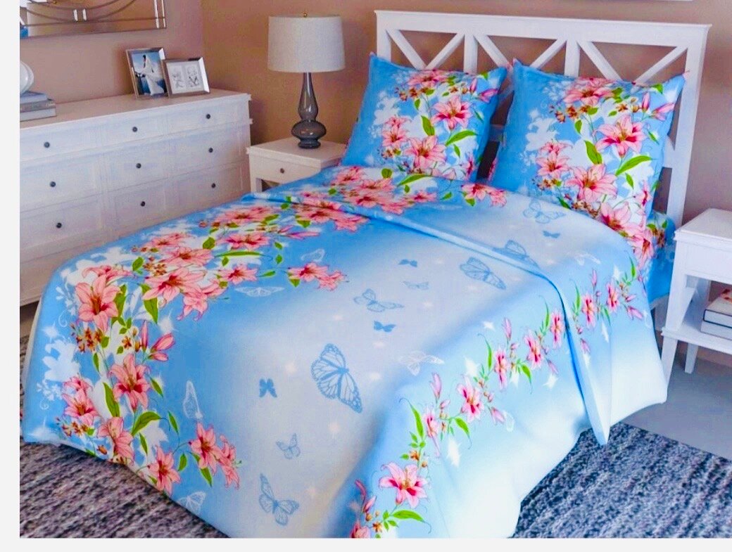 Комплект постельного белья Бабочки на лилиях, бязь, 100% хлопок, 1.5-спальное, Производство РФ, 2 шт. наволочки 70*70 см