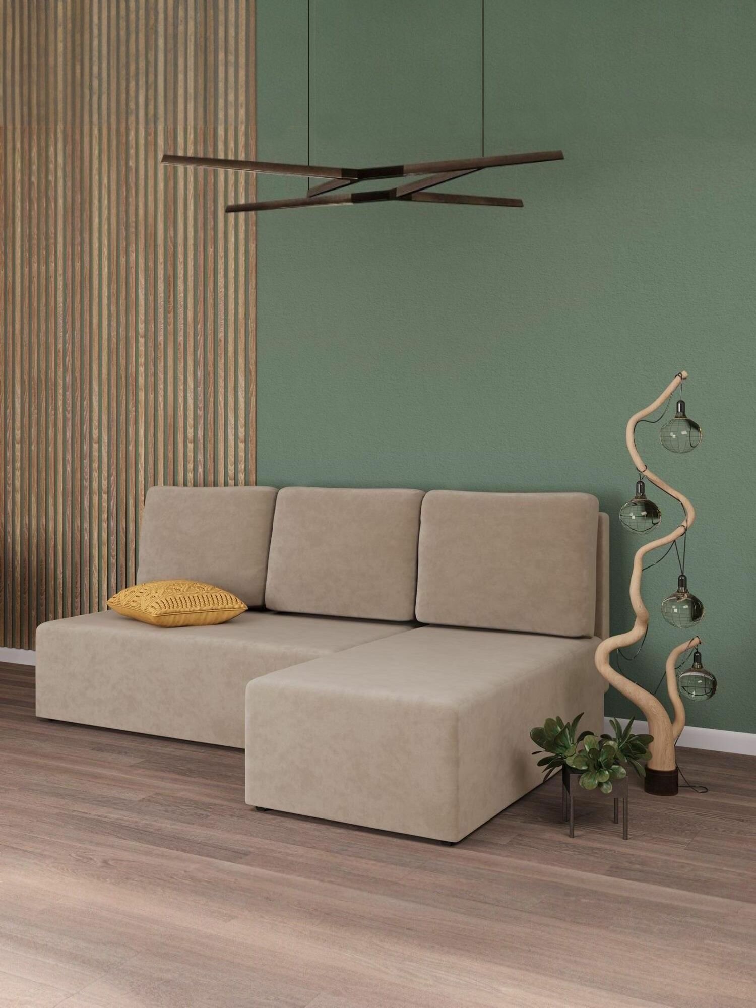 Угловой диван-кровать Manons Maison Каир, угол универсальный, раскладной механизм Еврокнижка, Велюр бежевый, 195х140х86 см