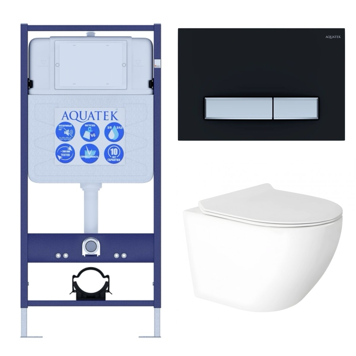 Комплект 3 в 1 инсталляция Акватек Standart 50 + Подвесной унитаз Enio Indigo с кнопкой черной, хром