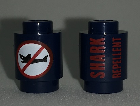 Brick, Round 1 x 1 with 'SHARK REPELLENT' and No Sharks Sign Pattern, 3062pb050 Dark Blue U