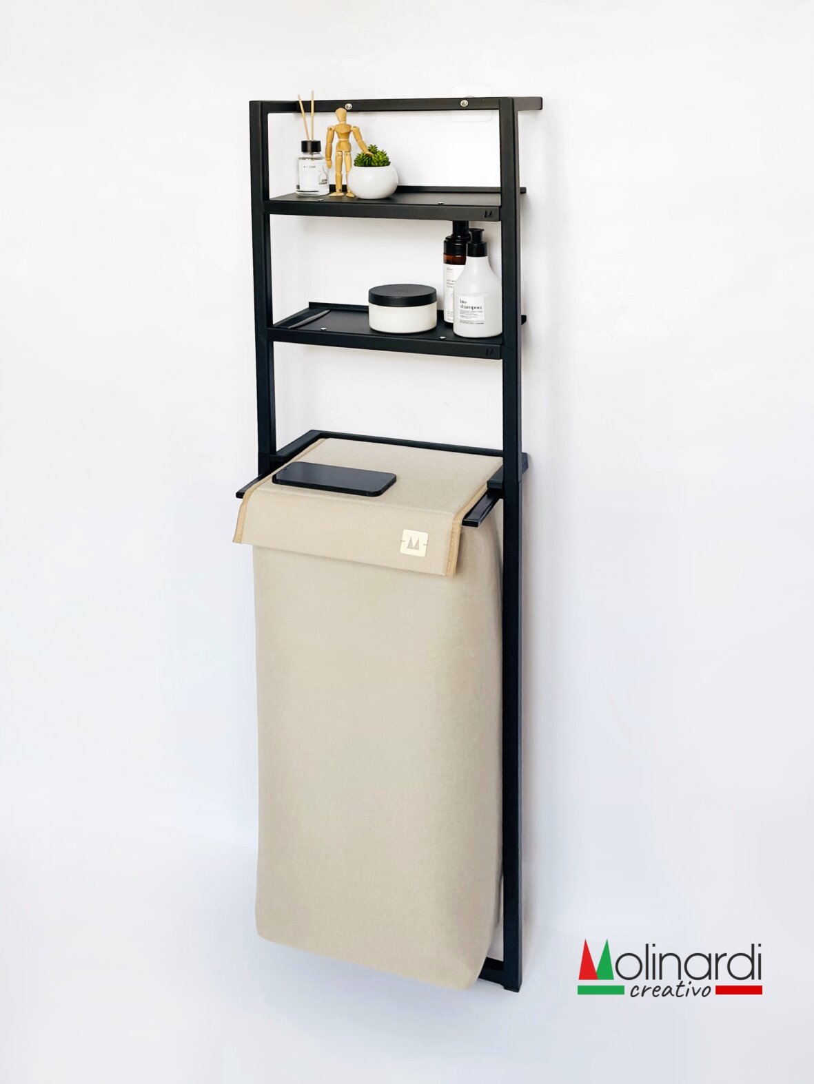 Корзина для белья и стеллажом с полками для хранения узкая К5-МЧ