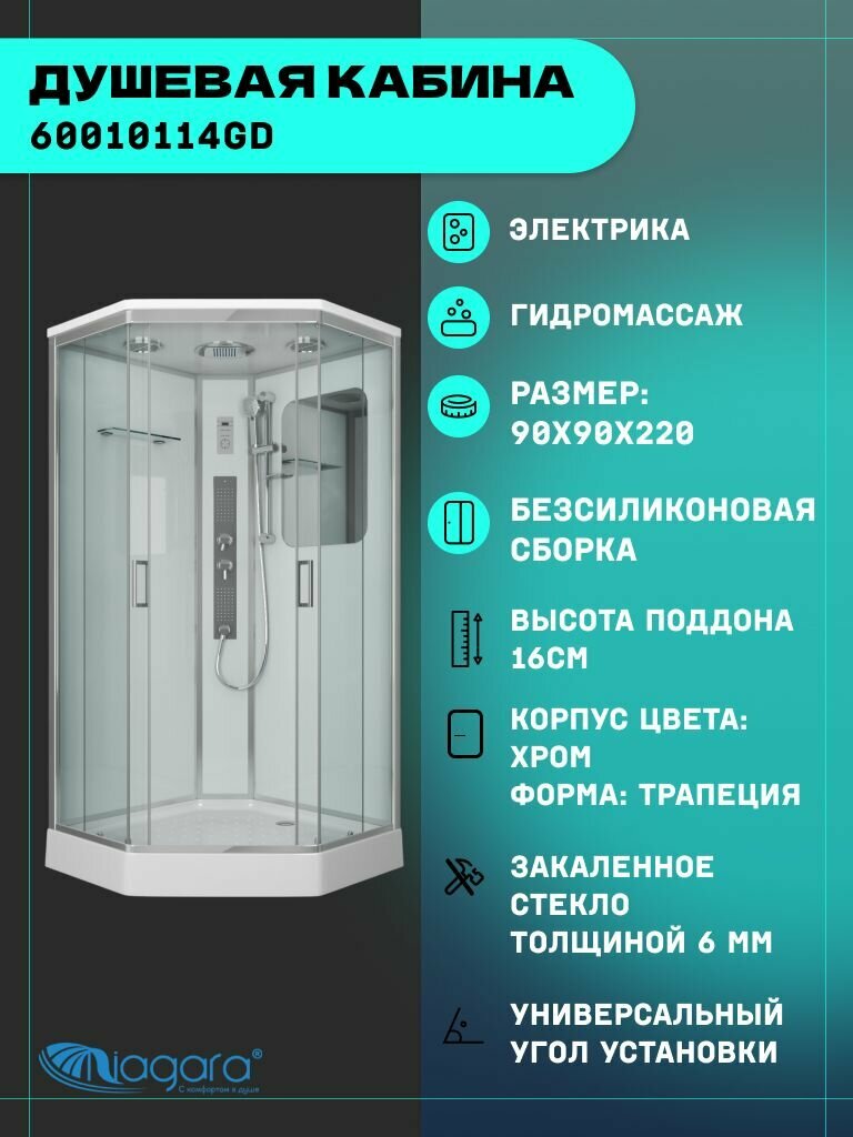 Душевая кабина Niagara Premium NG-6001-01GD (90х90х220) низкий поддон(16 см), стекло прозрачное,4 места