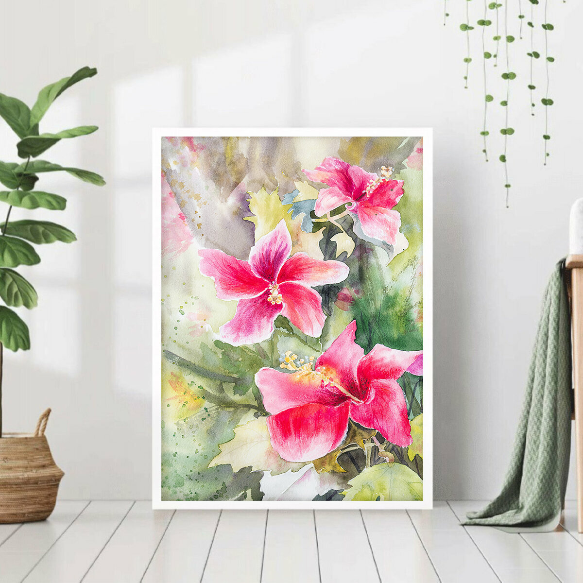 Постер "Розовые лилии рисунок" в белой рамке 40x50 см для интерьера на стену