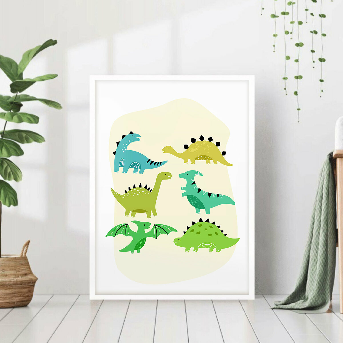 Постер "Динозавры для детской рисунок" 50x70 в белой рамке для интерьера на стену