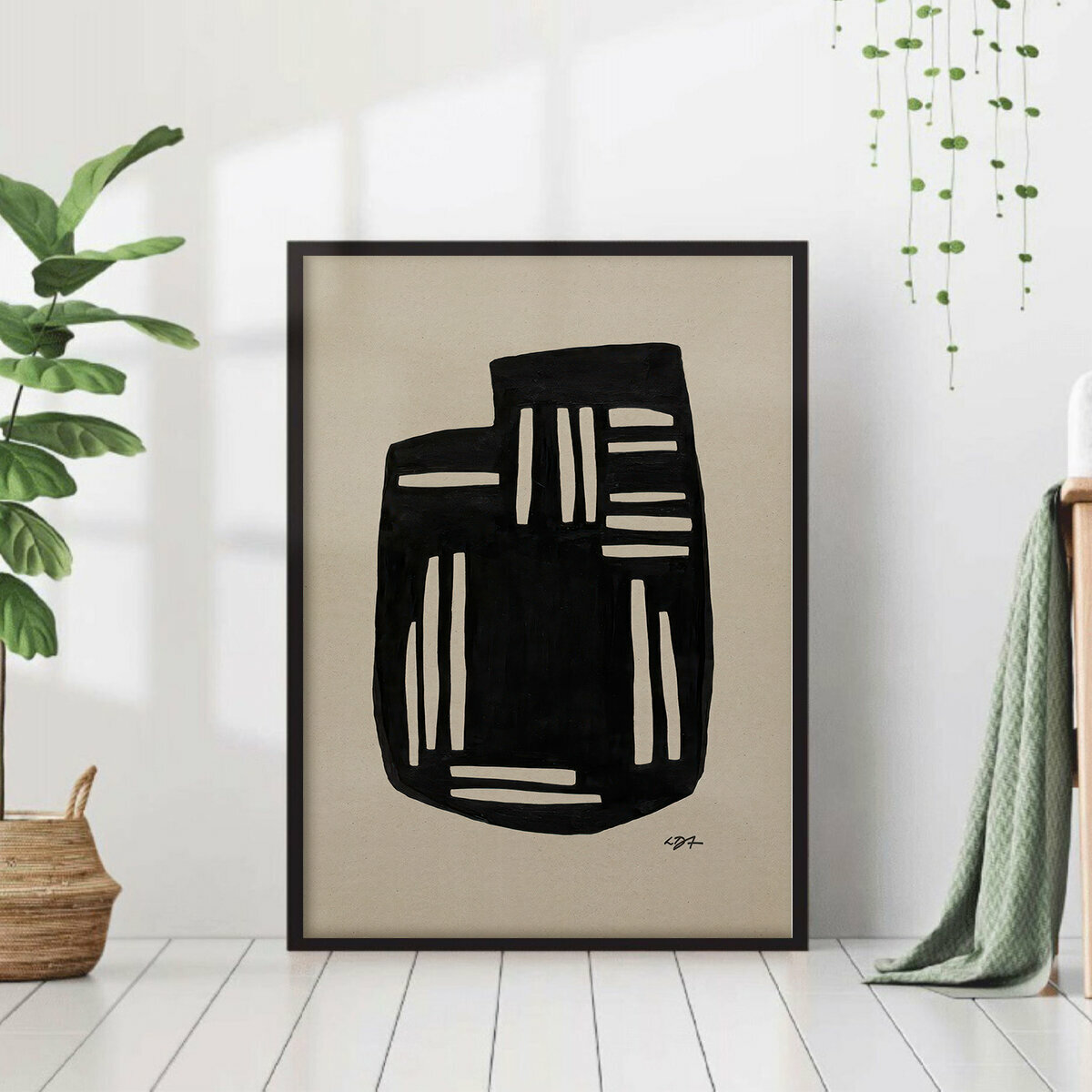 Постер "Абстракция черная фигура на коричневом фоне" 50x70 в черной рамке для интерьера на стену