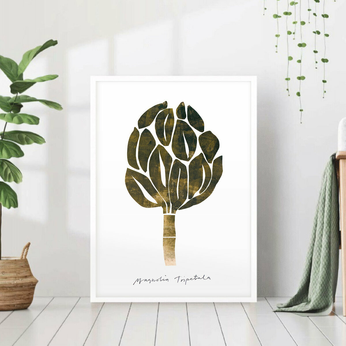 Постер "Абстракция зеленый бутон" 50x70 в белой рамке на стену для интерьера