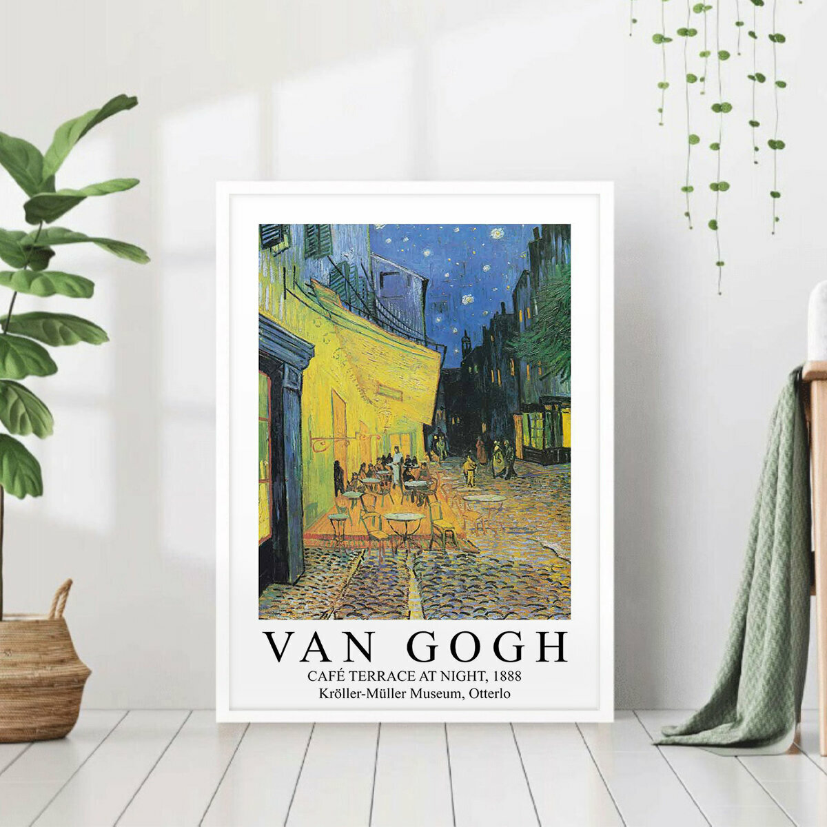 Постер "Ван Гог, ночная терраса кафе" в белой рамке 40x50 см для интерьера на стену