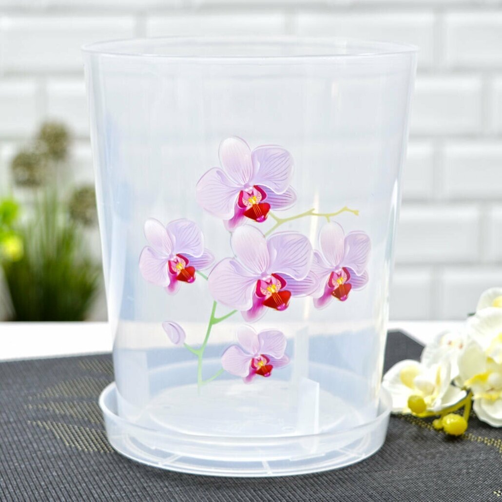 Горшок для орхидеи 1,2л с поддоном, прозрачный, пластиковый для выращивания