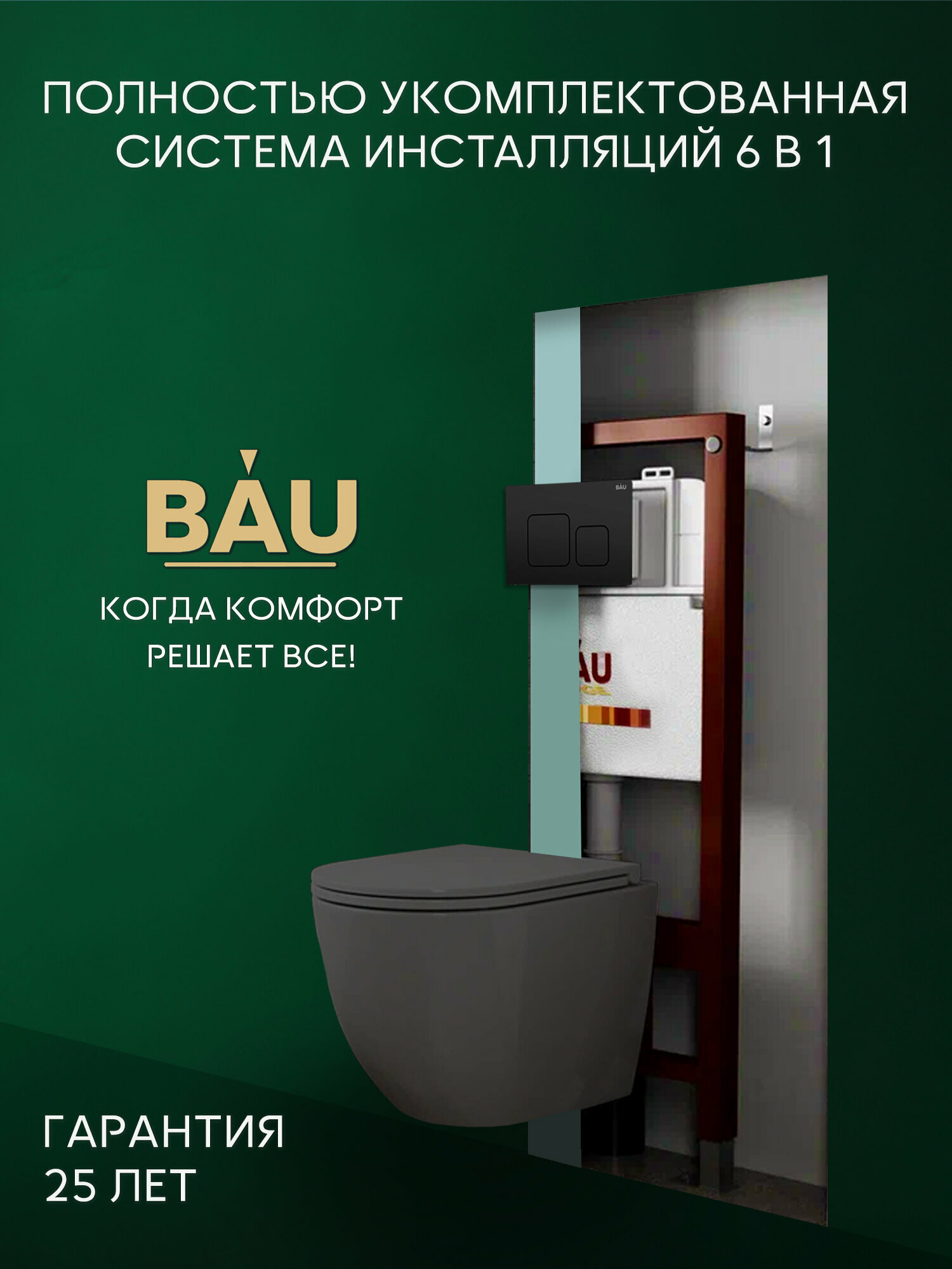 Инсталляция с унитазом комплект BAUEDGE : унитаз Dream, сиденье, темно-серый матовый, клавиша Soul, черная матовая