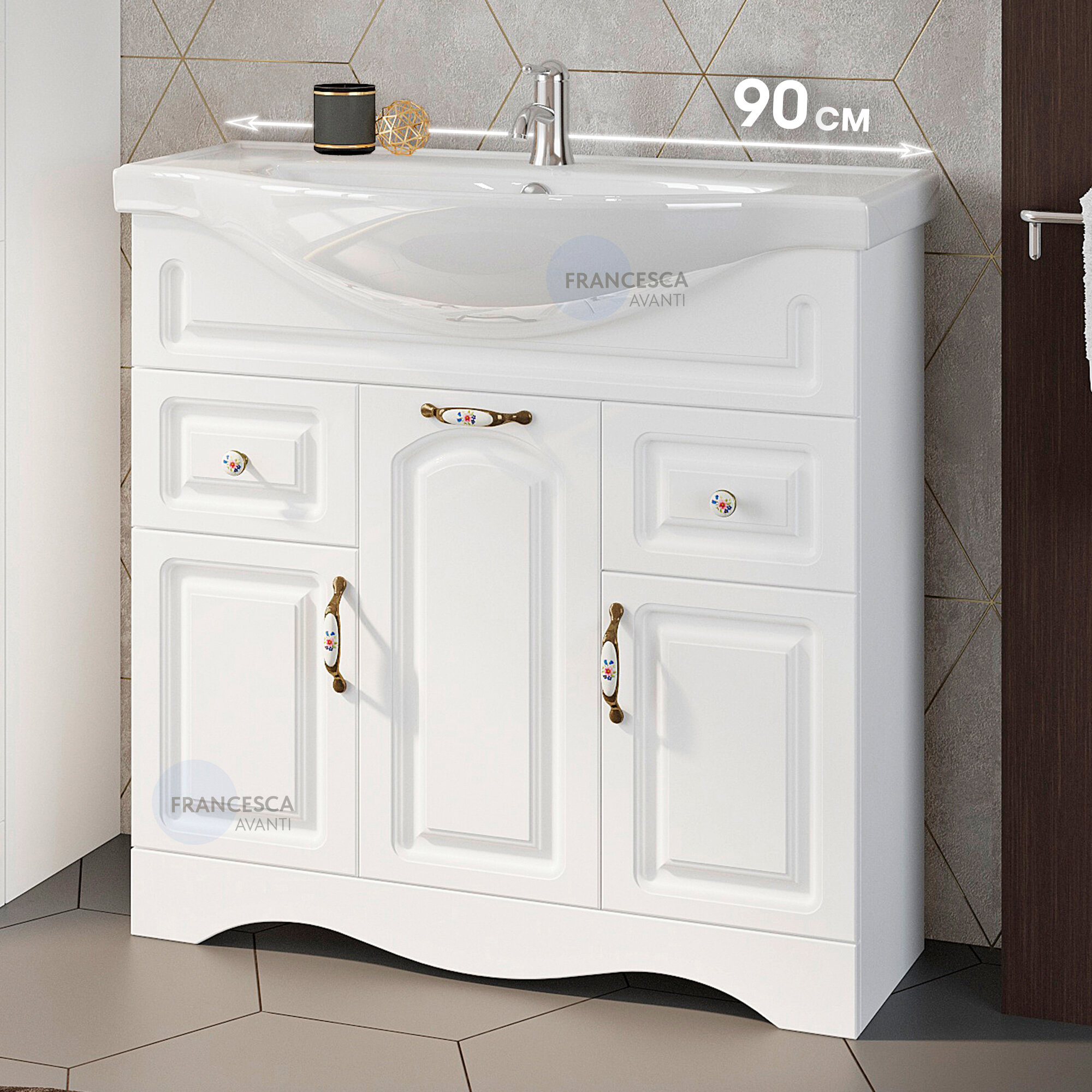 Тумба с раковиной для ванной МСК Империя 90-2 белый (2 ящ+3 дв, ум. Classic)