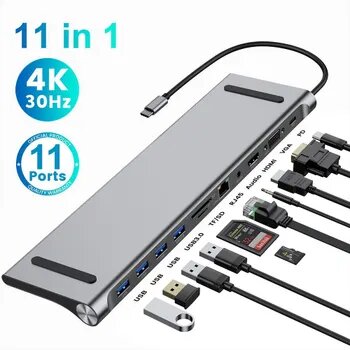 Usb hub 3.0 type c hub usb разветвитель 11 в 1 USB - хаб usb-c hub док станция для ноутбука Macbook Pro Air m1 m2 пк HDMI4K USB3.0 USB2.0 PD TF SD RJ45 AUX Tapy-c