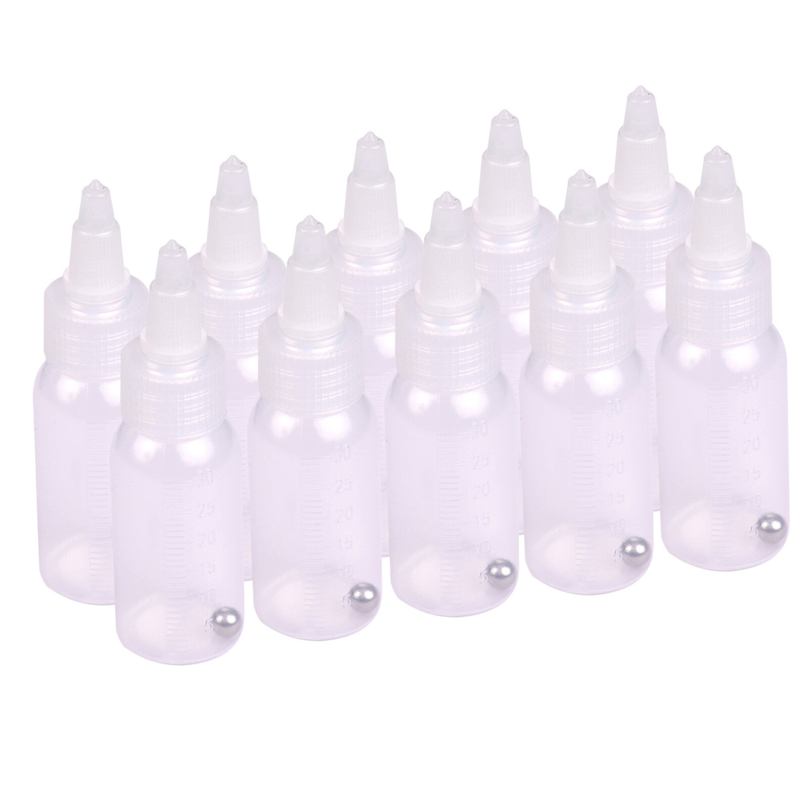 Коробка из 10 бутылок для хранения краски Airbrush 35cc (1.2 унции) из ПП с крышкой, шкалой, герметичностью, стальной шариком, для аксессуаров для дульного душа, прозрачный цвет, емкость 35cc, размер 2.8*2.8*10.1 см, вес 8 г