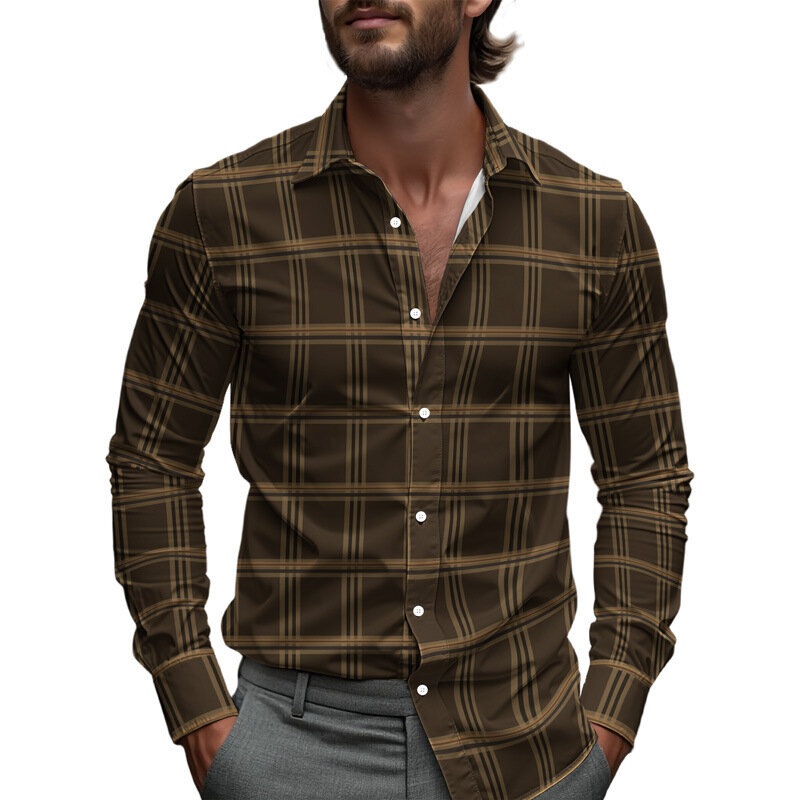 Мужская рубашка в полоску в клетку весенний однобортный дизайн с лацканами 2025 года легкий свободный крой мода