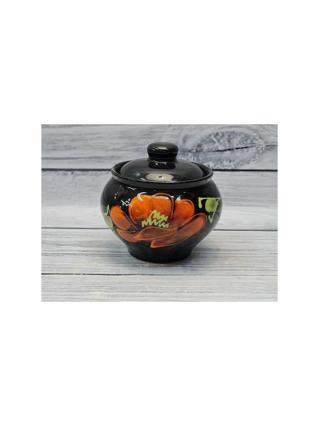 Горшок глиняный для запекания Русский "Мак черный", с крышкой, объем 0.5 л, ширина 13 см, высота 12 см