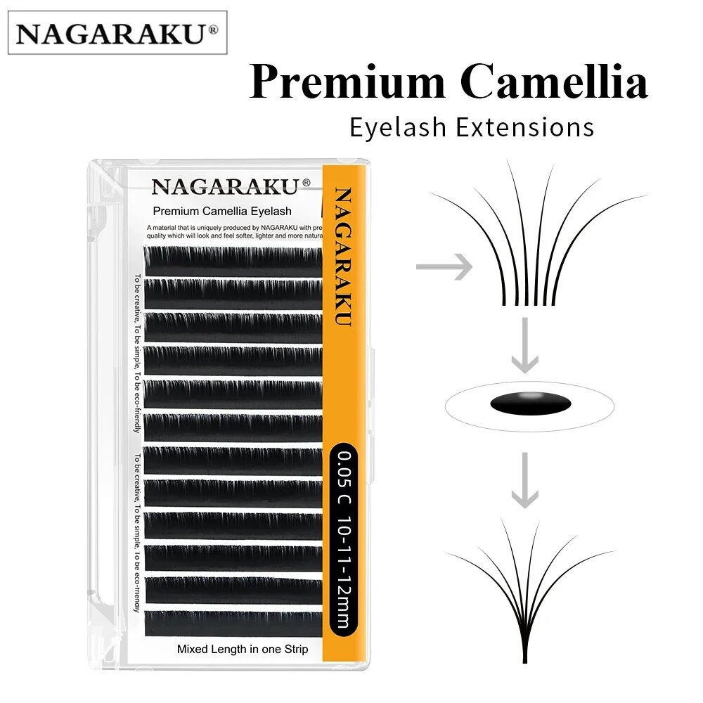 Веерные ресницы NAGARAKU Camellia, D изгиб, 0.05 мм, Mix 8-10-12 мм