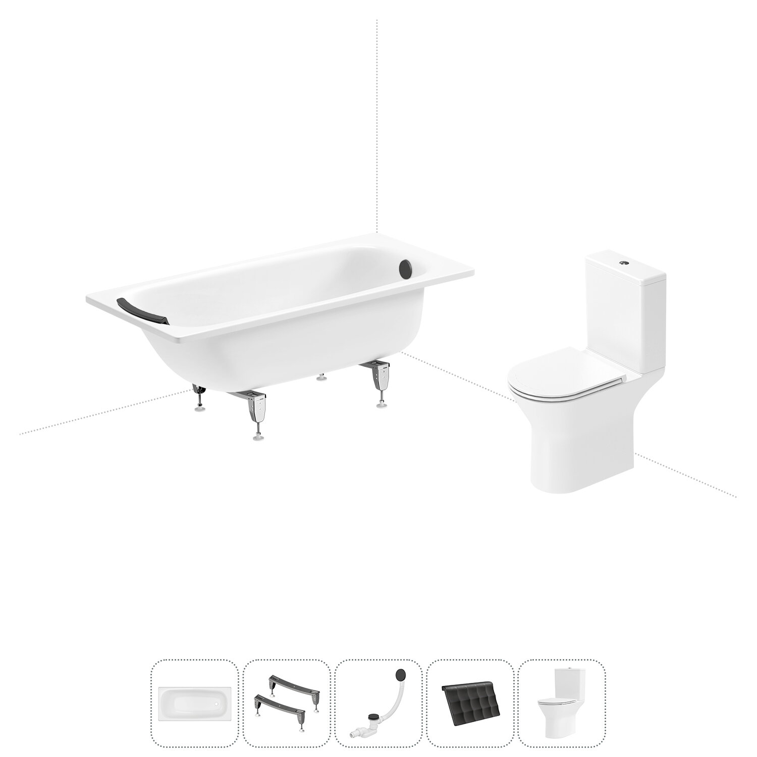 Стальная ванна 150х70 Sanitana BLB Universal 20220695R в наборе 5 в 1: металлическая ванна 150 х 70 см с шумоизоляцией, ножки, слив-перелив, подголовник, унитаз