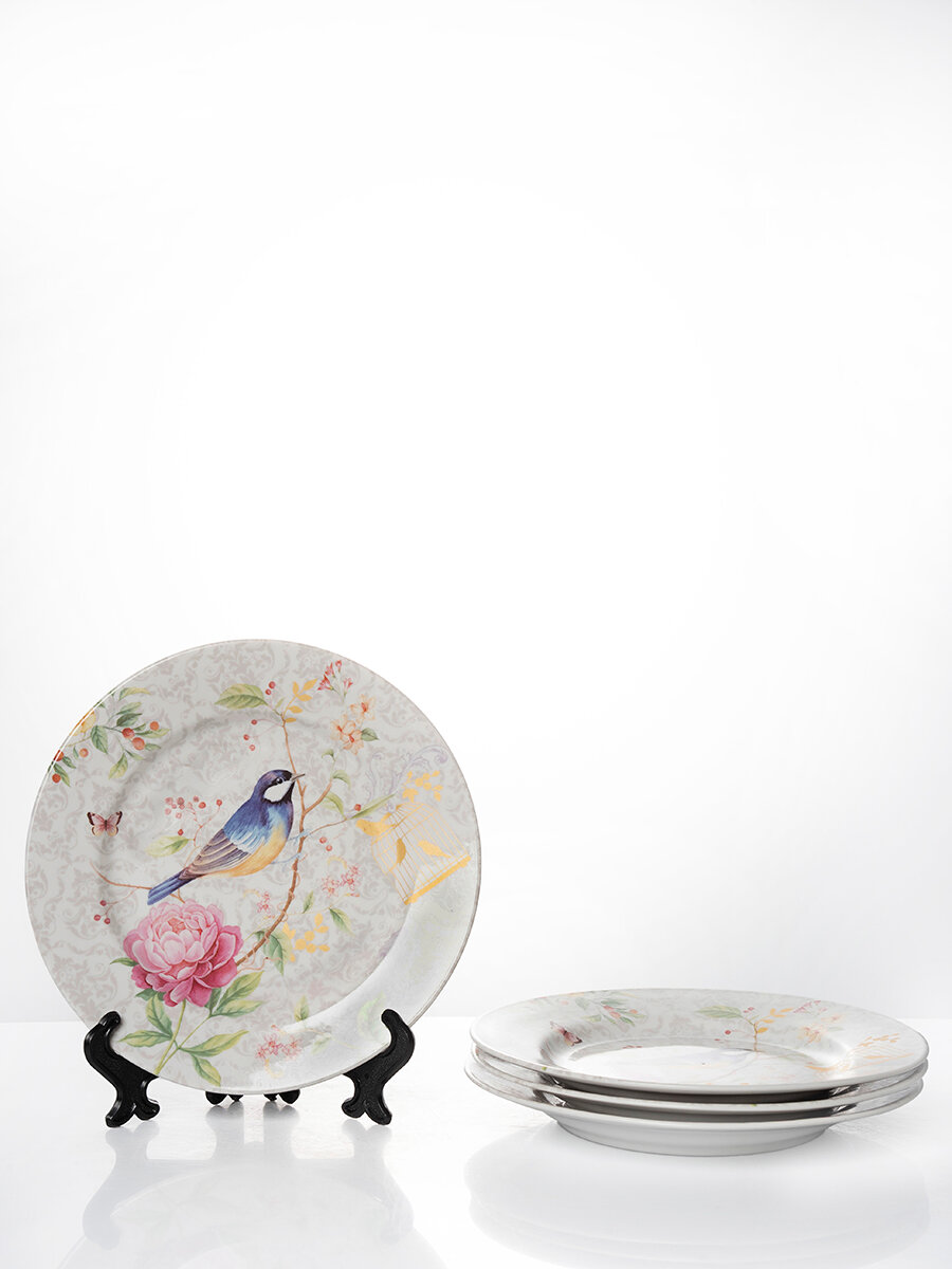 Набор фарфоровых тарелок мелких 200мм."Птичка Королёк" гладкий край, Дулево 4 шт.