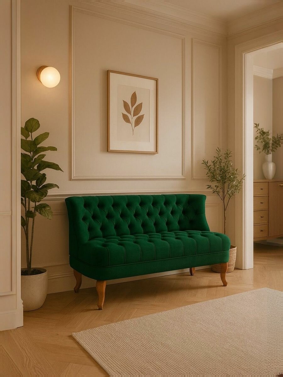 Прямой диван NOTTE "Марсель-2" 135*72*80 см, натуральный велюр, темно-зеленый, нераскладной интерьерный диван