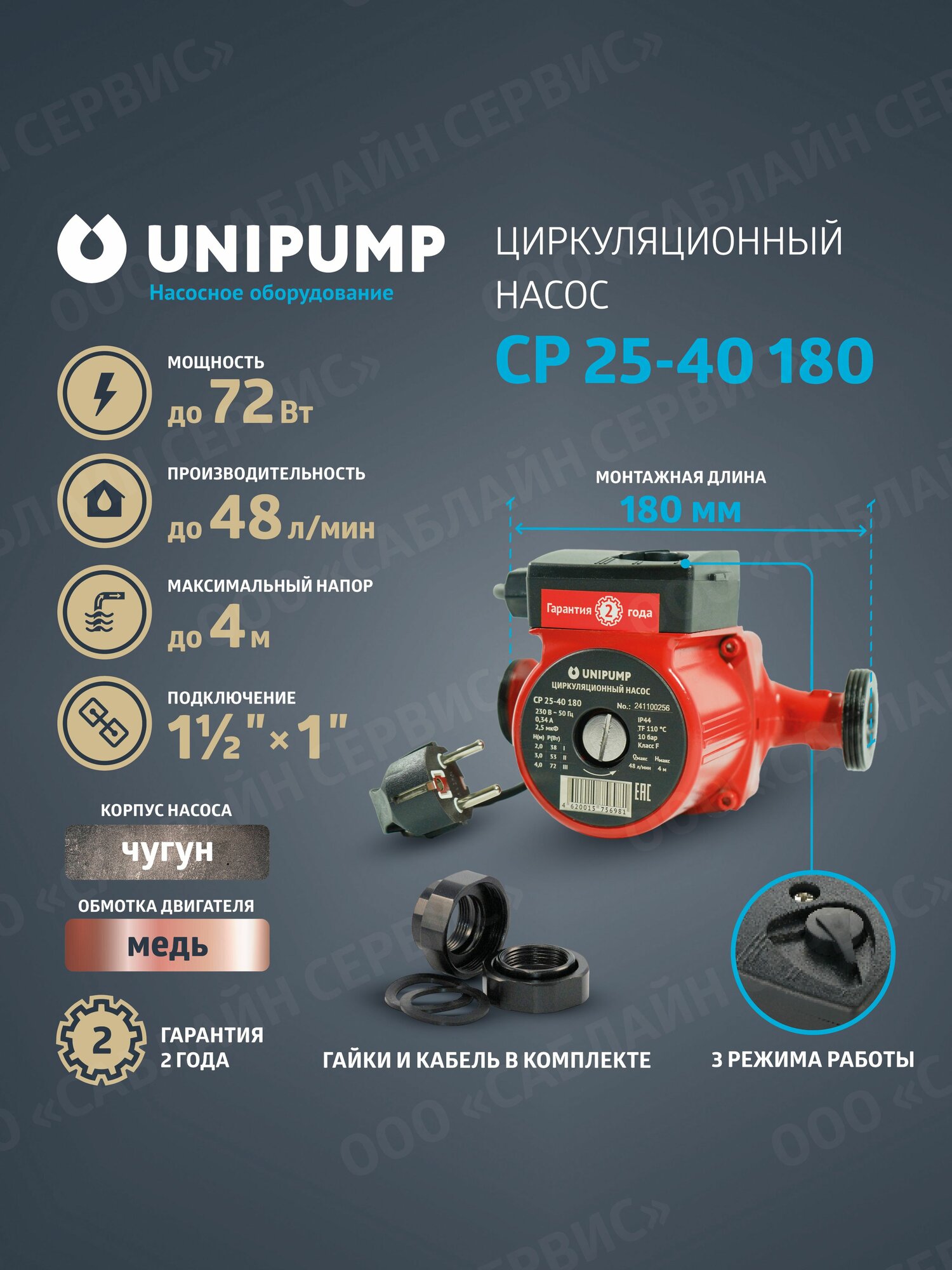 Циркуляционный насос UNIPUMP CP 25-40 180 48л/мин (для отопления, для водоснабжения)