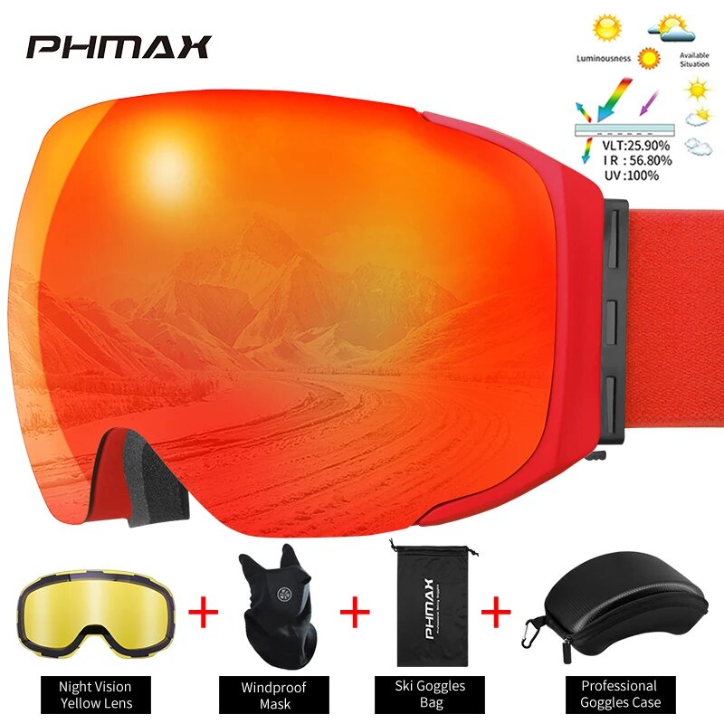 Лыжные очки PHMAX Pro UV400, противотуманные очки с магнитными линзами, желтые линзы ночного видения, для спорта на открытом воздухе, сноуборда, большие зимние очки, XJ-0304-GP, Унисекс