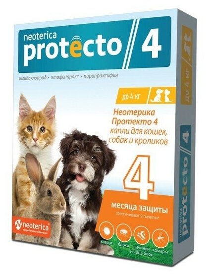Протекто для кошек, собак и кроликов до 4 кг, капли на холку, 0,4 мл, 2 шт.