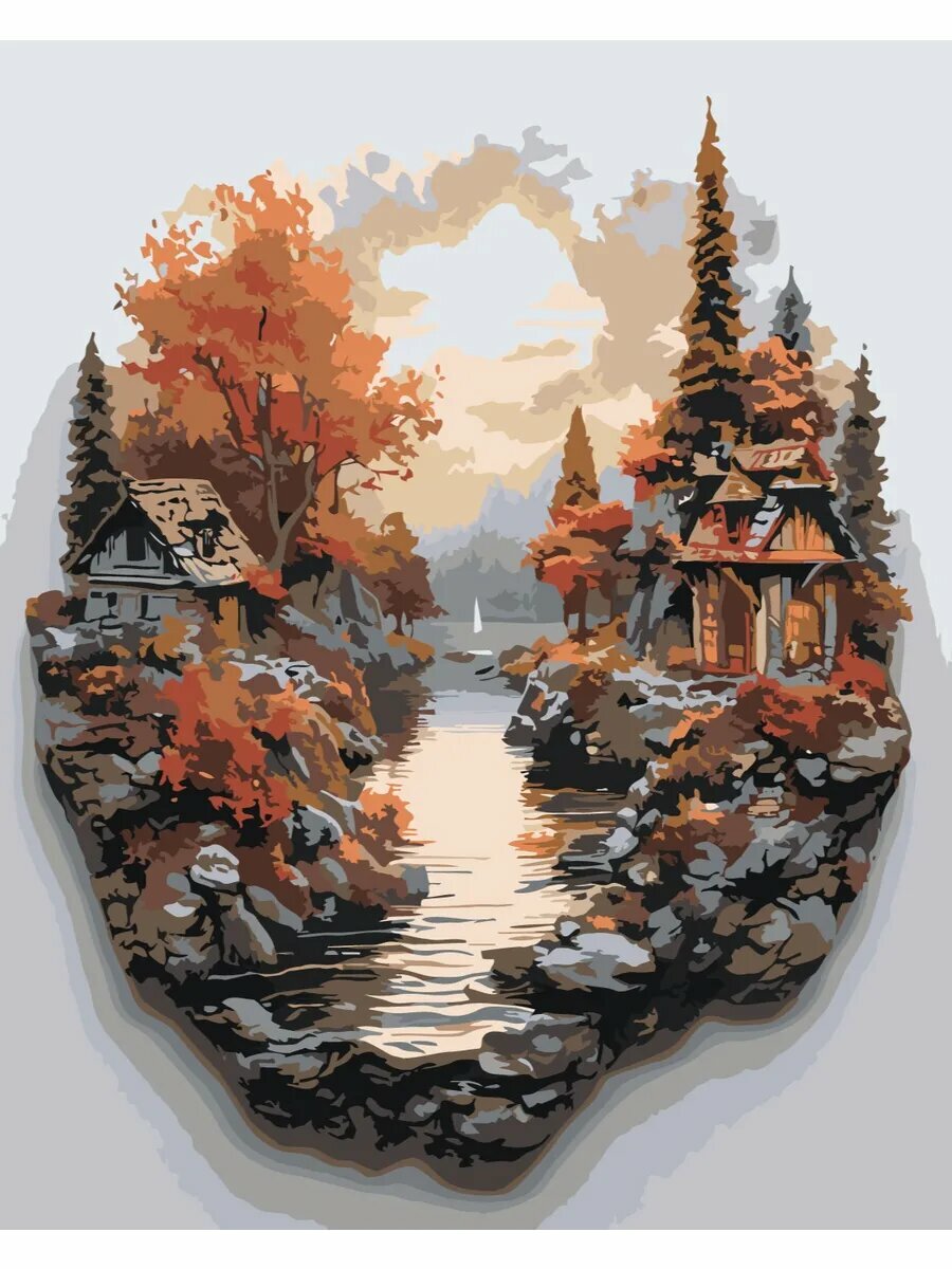 Картина по номерам Осенний Пейзаж Река Дома Деревья