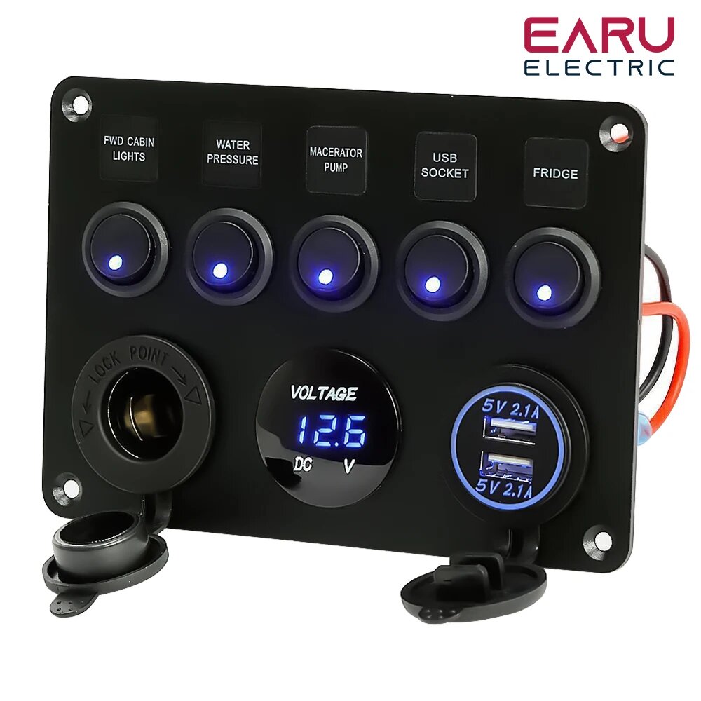 Панель автомобильного 5-бандового переключателя для лодки Водонепроницаемая панель переключателя автомобиля 4,2 А Двойной USB-порт 12 В Розетка Цифровой вольтметр Синий светодиод для авто, Blue