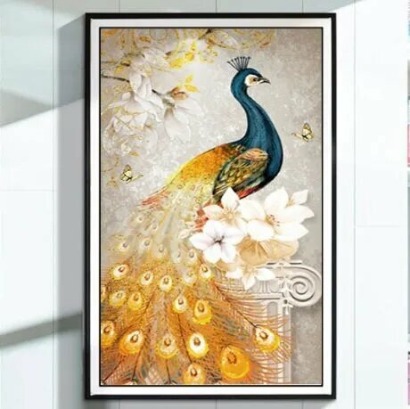 Алмазная мозаика-Павлин с золотыми перьями-60х90см