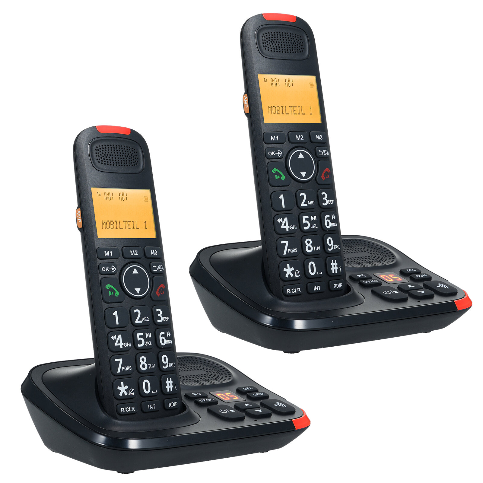 Беспроводная расширяемая телефонная система 2 трубки с автоответчиком 3 линии дисплей идентификация абонента 50 запоминаемых номеров в телефонной книге свободная разговорная связь переговорная связь конференц-звонок блокировка звука функция усиления