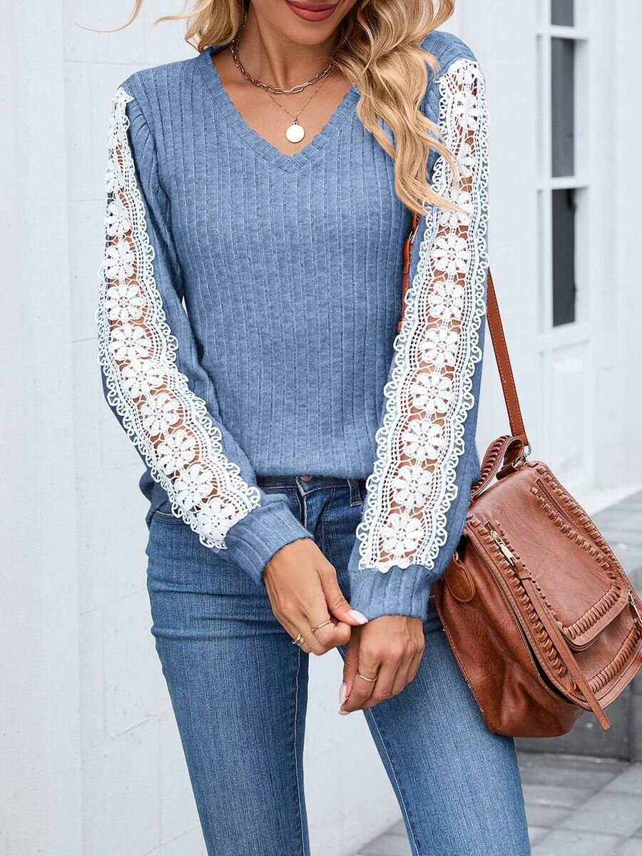 Женская Кружевная Футболка В Стиле Пэчворк С Длинными Рукавами