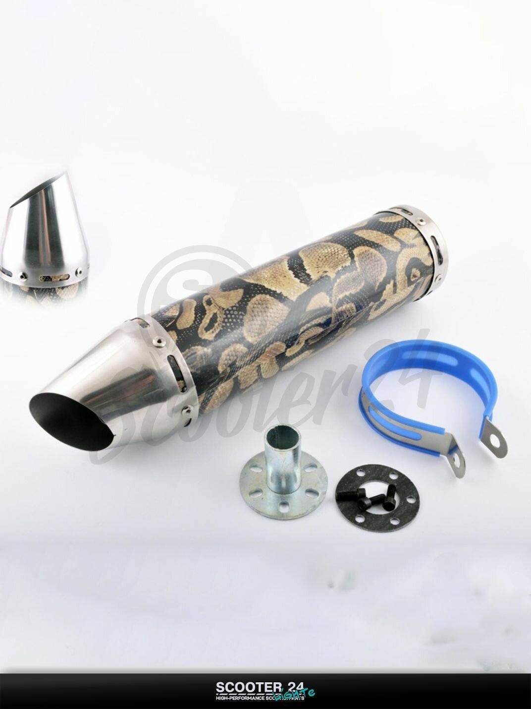 Глушитель (тюнинг) для мотоцикла / эндуро питбайка / скутера и квадроцикла L-380*90 мм, креп. 48 мм (нержавейка, змеиная кожа, прямоток, тип:3)
