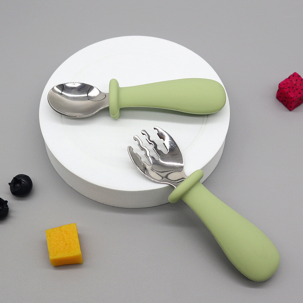 Детская вилка и ложка для обучения еде, длинная ручка, однотонная ложка для детского питания, набор вилок и ложек из нержавеющей стали 316